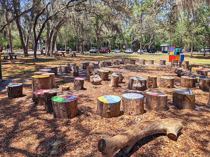 Colorful painted stumps form a whimsical outdoor classroom where imagination and education dance together.