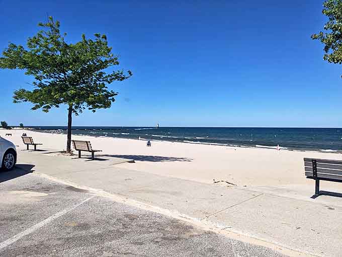 Lake Michigan's shoreline stretches toward the horizon, where water meets sky in a blue-on-blue embrace.
