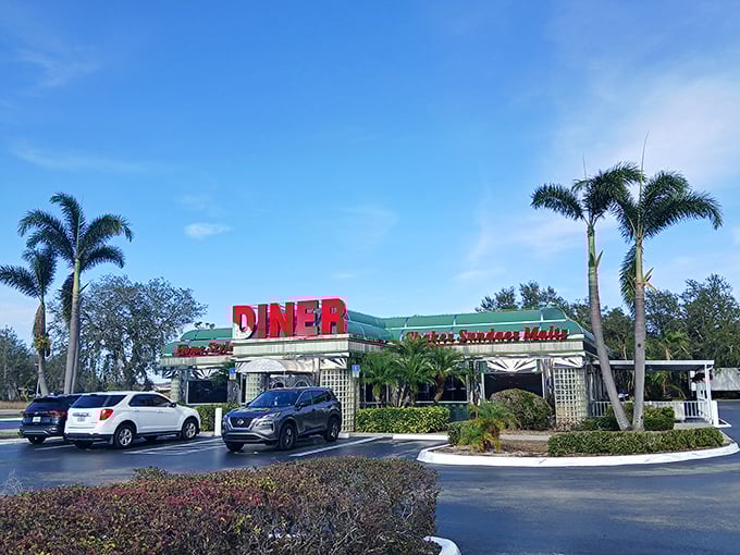 Sebring Diner's classic green roof and bright red sign stand as a monument to American roadside dining traditions.