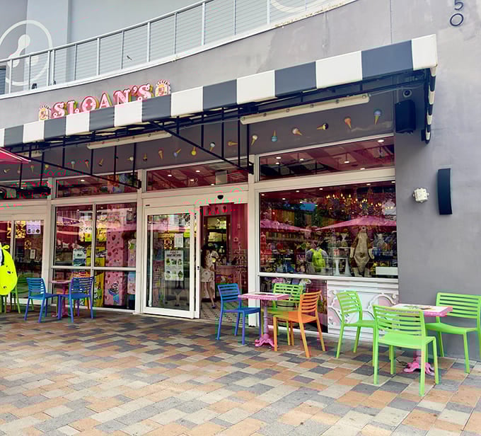 Sloan's colorful storefront and rainbow chairs promise a fun, family-friendly ice cream experience in West Palm.