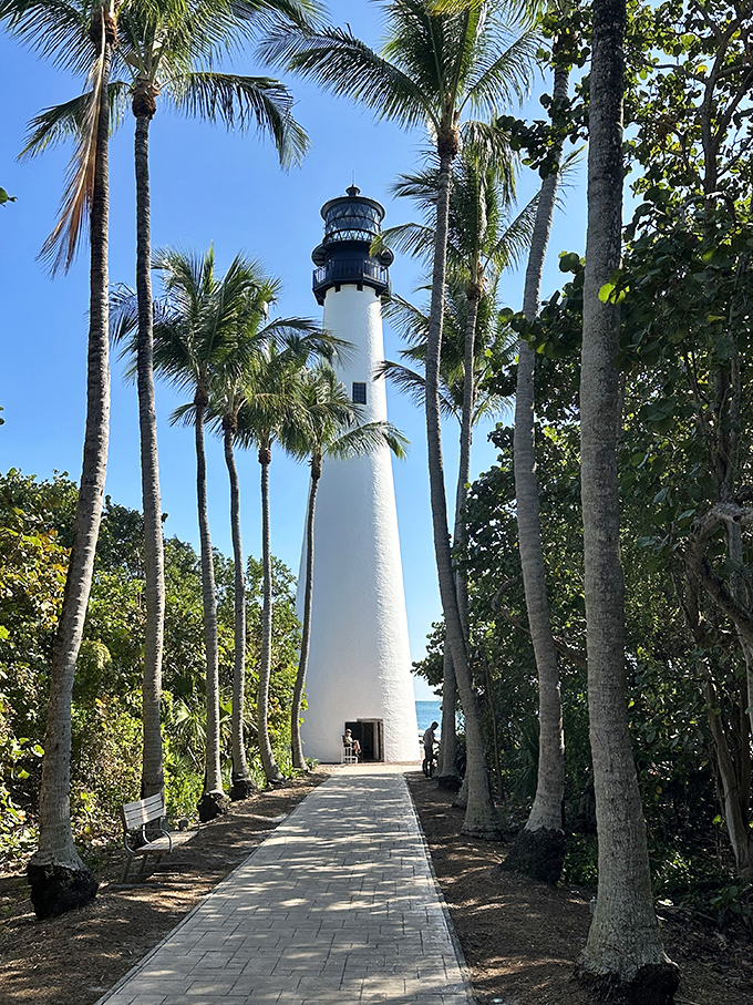 The historic white lighthouse at Bill Baggs Cape Florida State Park creates a striking contrast against the American flag and surrounding greenery.