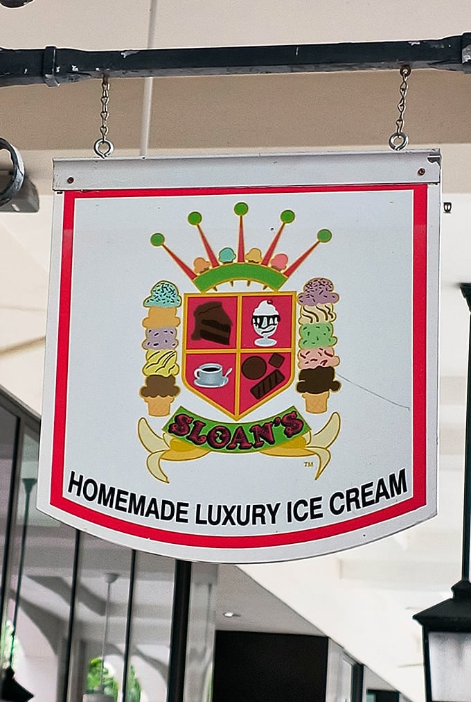 The whimsical "Homemade Luxury Ice Cream" sign at Sloan's sets expectations for quality treats ahead.