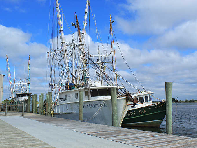 Working docks remind visitors that this charming town still earns its living from the sea, one shrimp boat at a time.
