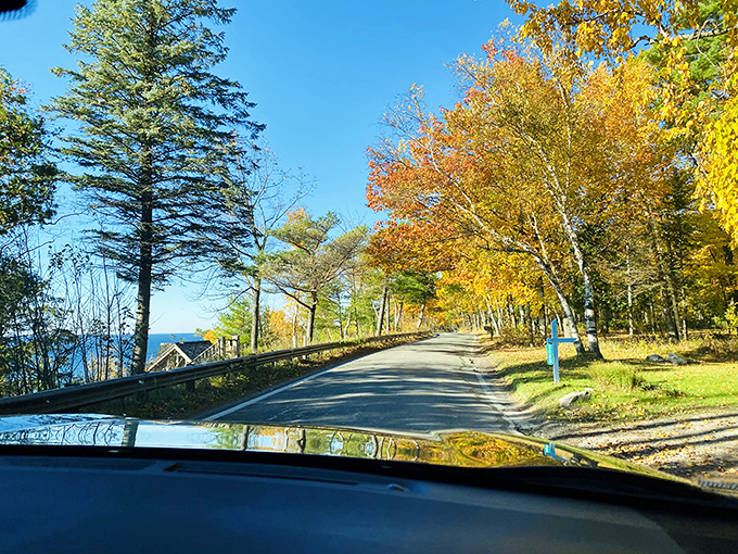 The road curves like a gentle reminder to slow down and savor the journey &ndash; each bend revealing new perspectives on this Michigan treasure.