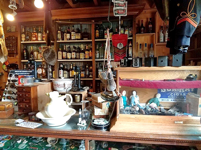 The bar area blends function with history, where modern spirits are served alongside vintage glassware that has toasted countless celebrations.