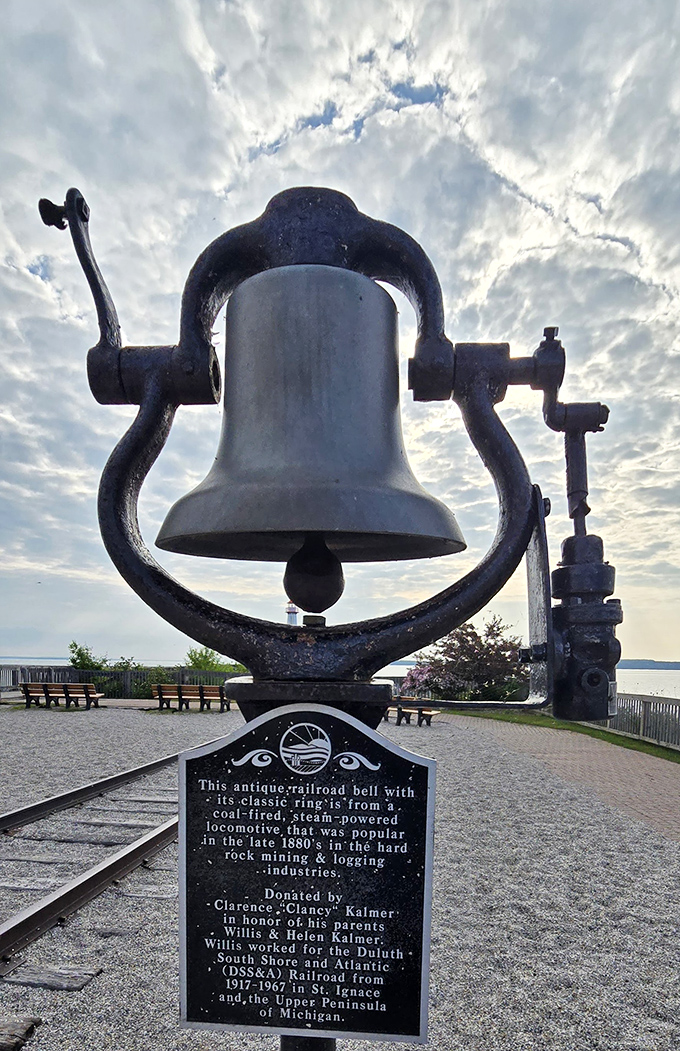 This antique locomotive bell has been promoted from warning device to historical artifact – the ultimate career change for aging metal.