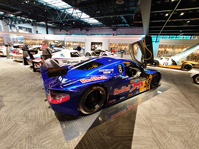 This Blue Red Bull Porsche looks ready to launch into hyperspace, its modern aerodynamics a far cry from the simple shapes of earlier racing machines.