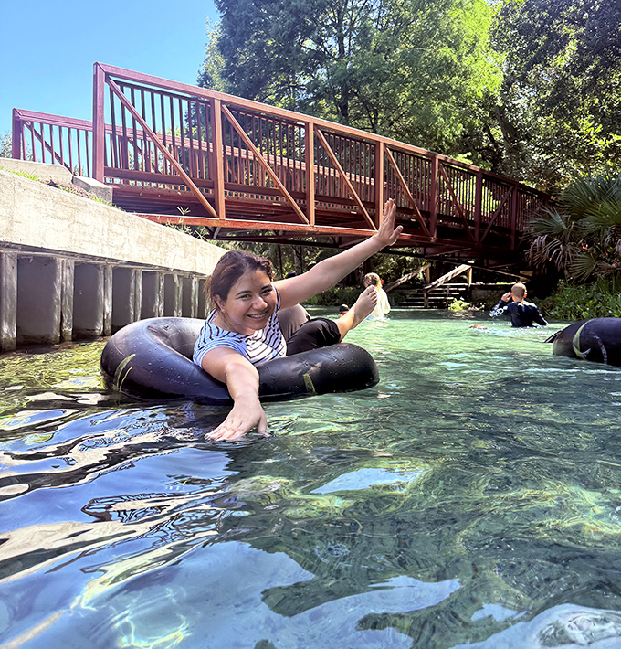 The water's clarity reveals a natural masterpiece of limestone and aquatic plants. It's like floating over an underwater garden that's been perfectly tended by Mother Nature herself.