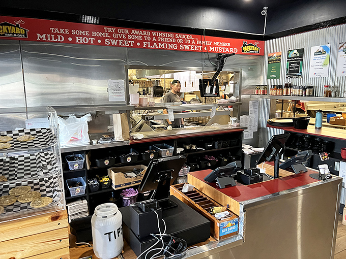 Where barbecue dreams come true! The ordering counter showcases award-winning sauces from mild to "challenge accepted" heat levels for the brave.