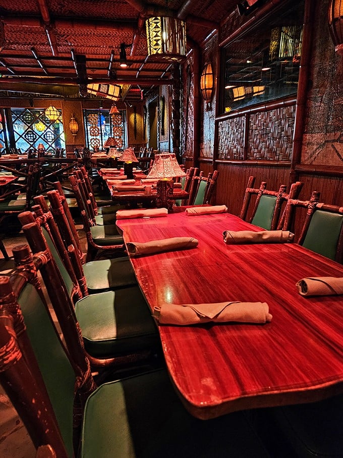 Red tables, bamboo chairs, and mood lighting that makes everyone look 10 years younger &ndash; the dining room is set for memories you'll embellish for years.