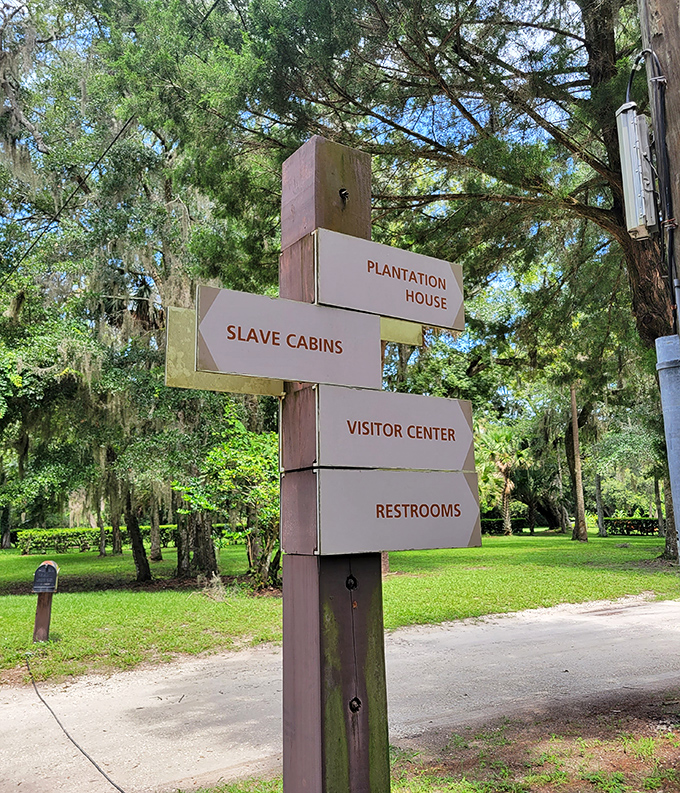 Directional signs point the way through history, each destination offering another piece of the plantation's complex puzzle.