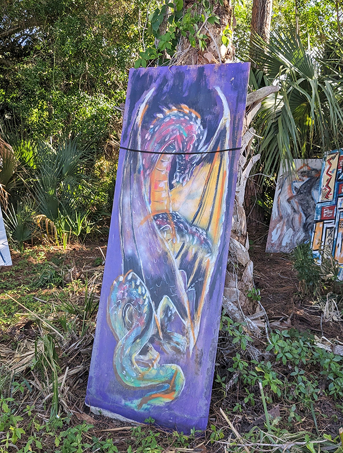 Mythical meets magical in this vibrant dragon painting, adding fantasy elements to the gallery's eclectic collection of works.