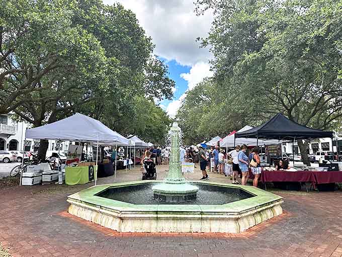 The farmers' market transforms this fountain plaza into a celebration of local flavors, where vendors share stories along with their handcrafted goods.