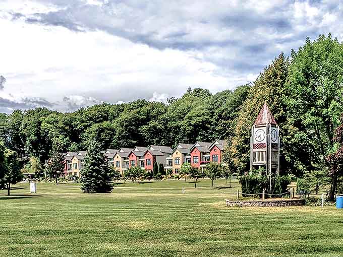 Founders Landing's colorful townhomes and clock tower create a picturesque neighborhood that looks like it was designed for a lifestyle magazine spread.