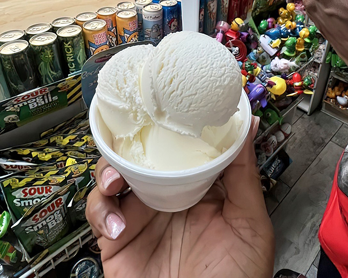 A generous scoop of vanilla ice cream sits like a cloud in its cup, daring you not to immediately dive in.