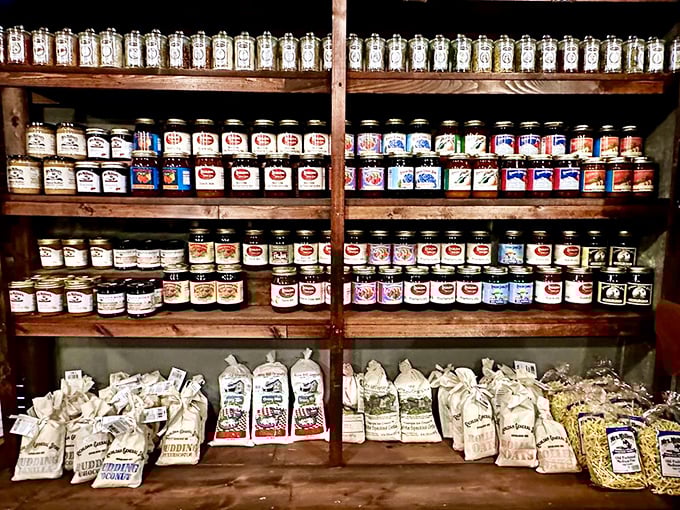 The jarred goods wall &ndash; a colorful library of preserved flavors representing recipes and techniques passed down through generations of Florida families.
