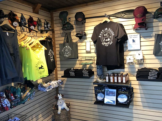 The merchandise corner offers BrewHound-branded gear for both humans and dogs, letting you take home a piece of the experience.