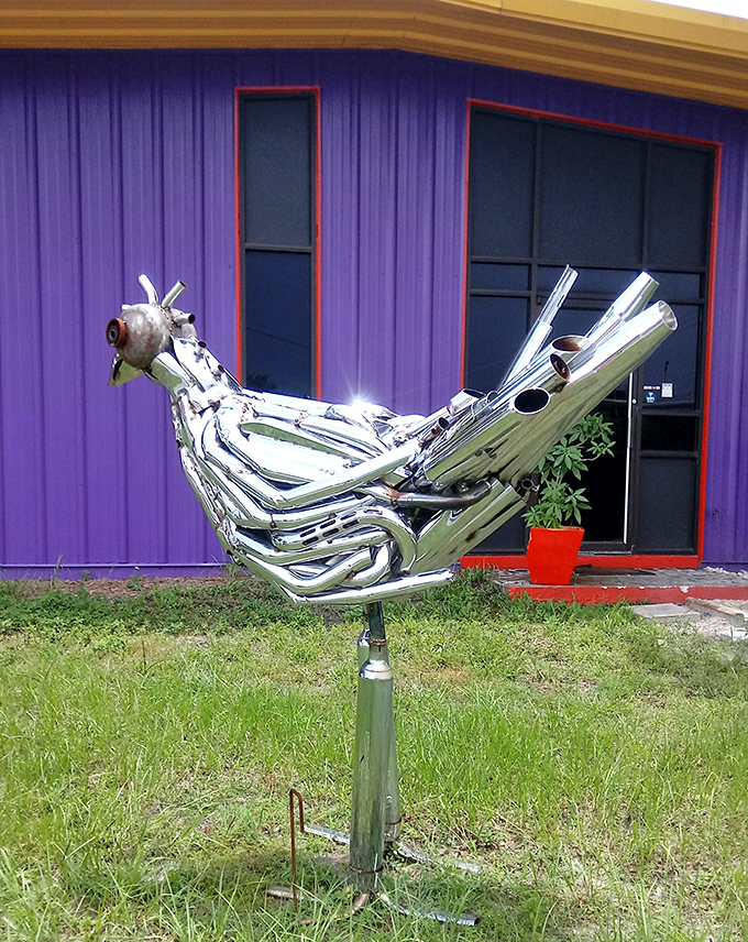 This metallic chicken struts its stuff with mechanical confidence – proving farm animals look even cooler when they're forged rather than feathered.