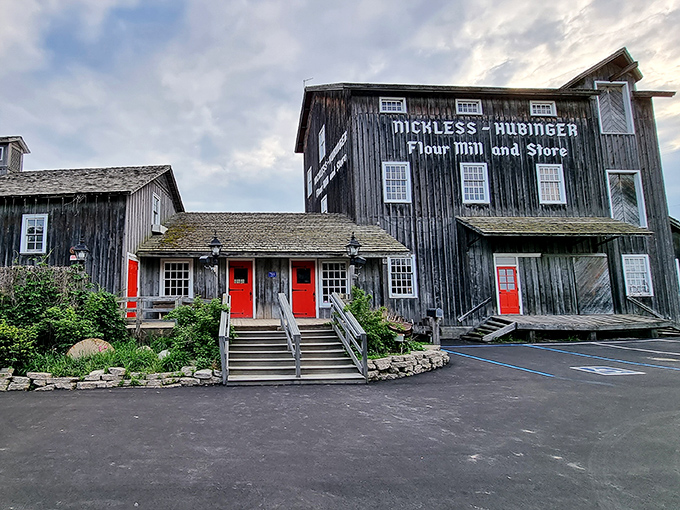The historic Nickless-Hubinger Mill stands as a rustic reminder of Frankenmuth's working past amid today's tourist attractions.