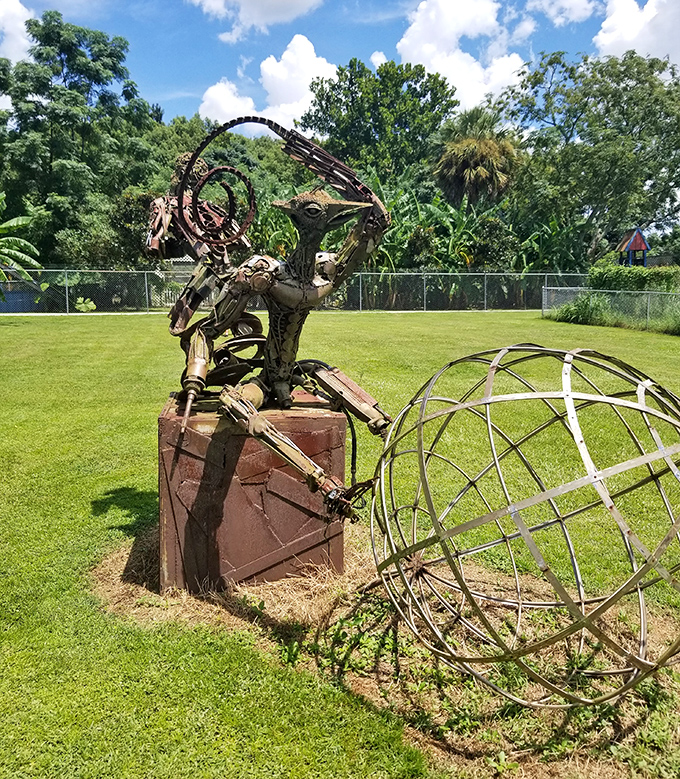 This metal sculpture stands as proof that even robots need vacation time in Florida's sunshine.