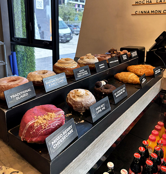Pastries: A rainbow of possibilities awaits your selection &ndash; each labeled creation represents hours of testing and tasting for donut perfection.