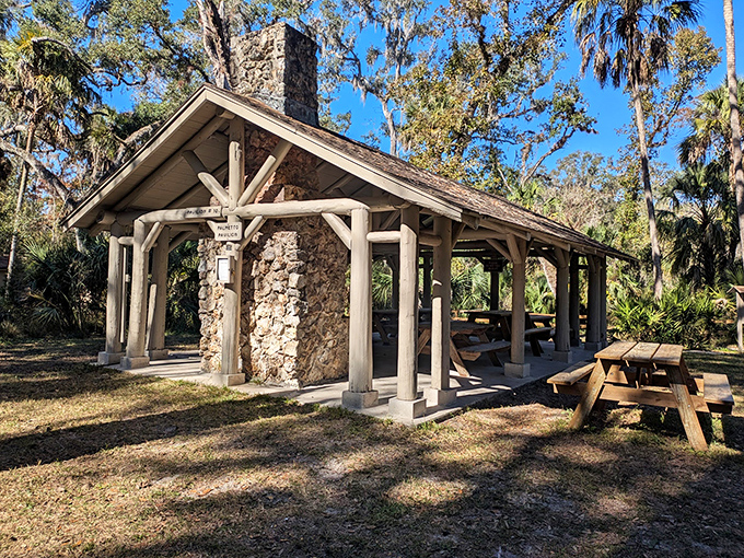 This sturdy stone pavilion has weathered decades of Florida's temperamental climate, offering shelter to generations of grateful hikers.