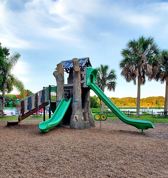 Playground paradise where tree-inspired slides and climbing structures blend perfectly with the natural surroundings.