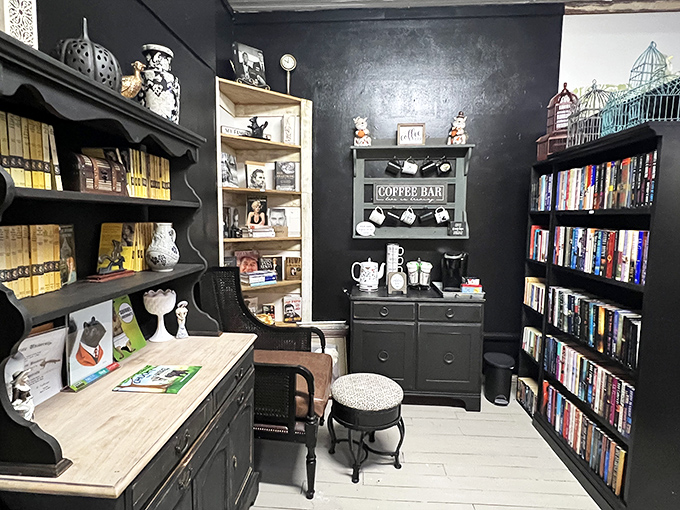 The coffee corner provides caffeinated inspiration for morning visitors&mdash;because not all literary journeys require alcohol.