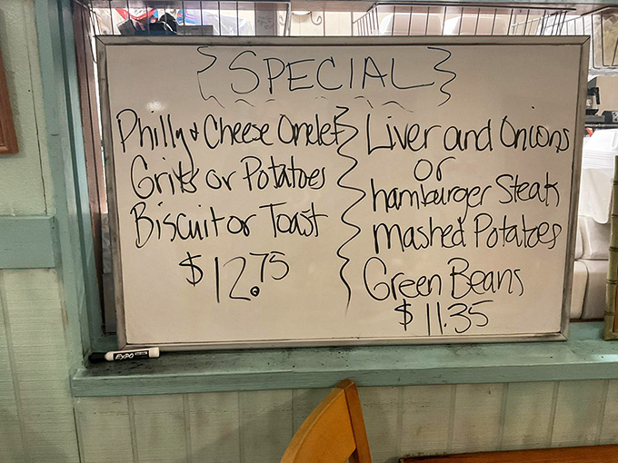 Handwritten daily offerings showcase the kitchen's creativity and commitment to fresh ideas. Today's liver and onions might become tomorrow's cherished food memory.