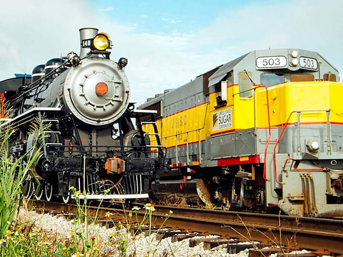 Two locomotives side by side showcase the variety of equipment, each with its own character and role in keeping this heritage railway running.