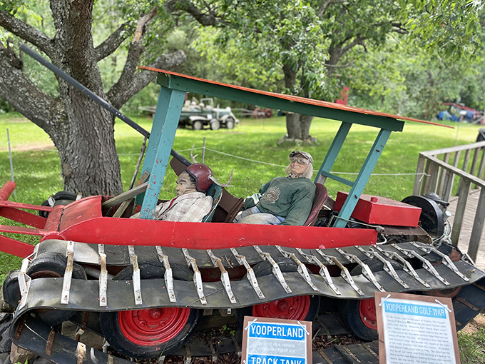 The "Yooperland Golf Tank" combines farming equipment with military aesthetics, creating a bizarre hybrid that would make both farmers and generals scratch their heads in confusion.