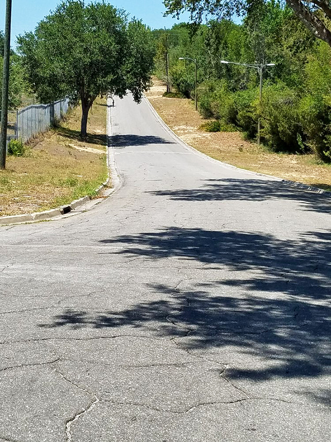 The optical illusion in action &ndash; what appears to be uphill is somehow pulling vehicles backward in defiance of gravity!