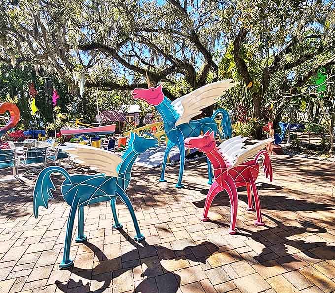 These winged horses in turquoise and pink seem poised for takeoff—the kind of magical creatures that make adults secretly wish they could climb aboard for a quick flight.