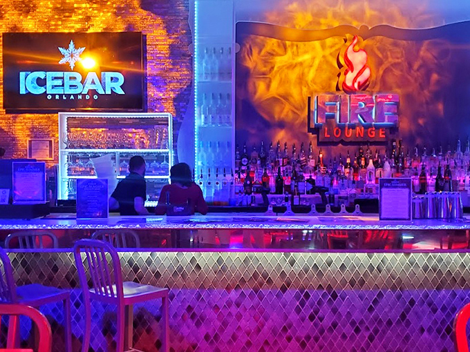 The Fire Lounge bar area glows with warmth, offering a perfect temperature contrast to the icy chamber just steps away.