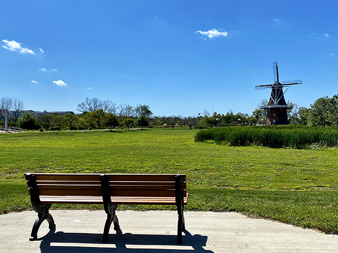 Bench: A peaceful spot to rest and soak in the view of De Zwaan, standing sentinel against the Michigan landscape.