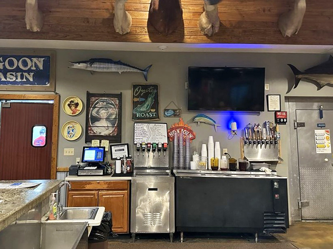 The command center for liquid refreshment, where sweet tea and cold beer stand ready to combat the Gulf Coast heat.