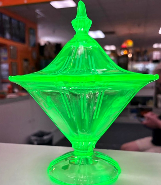 This uranium glass compote glows with otherworldly charm &ndash; the kind of conversation piece that makes dinner guests do a double-take.
