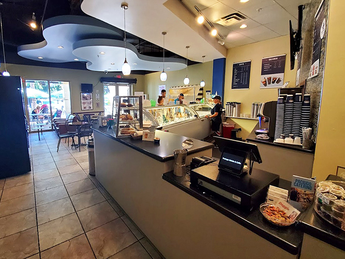Behind this counter, gelato magic happens daily – where skilled staff transform premium ingredients into frozen works of art.