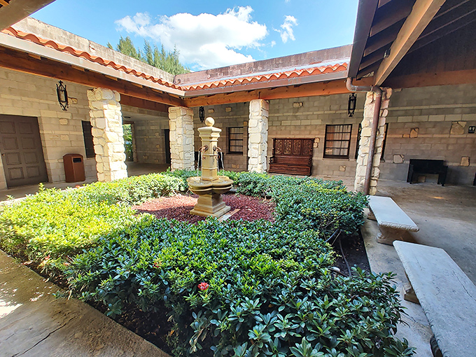 The courtyard fountain centers a peaceful retreat, its gentle burbling the original white noise machine for contemplative monks.