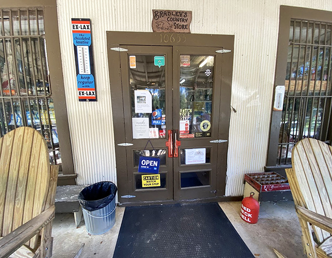 The entrance beckons with promises of authenticity &ndash; note the vintage Ex-Lax thermometer, a quirky touch no corporate designer would dare include.