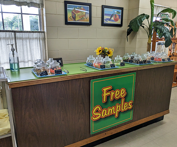 The "Free Samples" counter &ndash; where willpower goes to die and lifelong candy addictions are joyfully born.