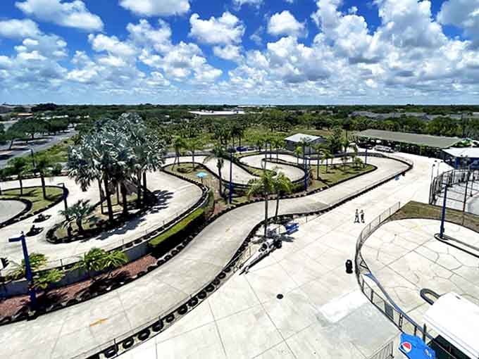 The sprawling go-kart track layout seen from above reveals the twists and turns where family bragging rights are won and lost.