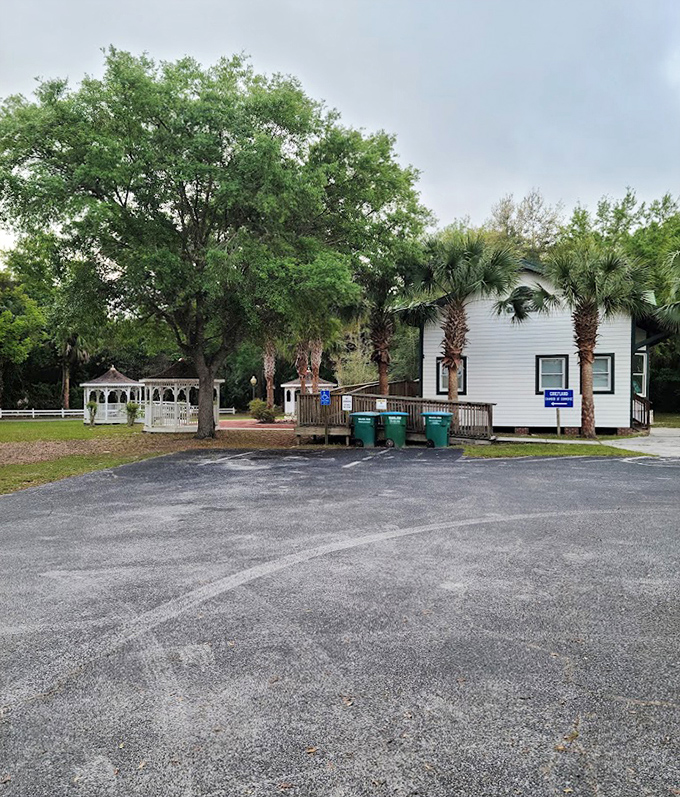 The gravel path leads visitors through Chiefland's historical area, where modern life slows to match the pace of yesteryear.