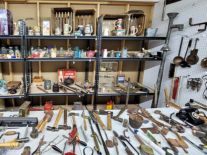 Tools that built America rest in dignified retirement, their wooden handles and steel heads speaking of craftsmanship long forgotten.