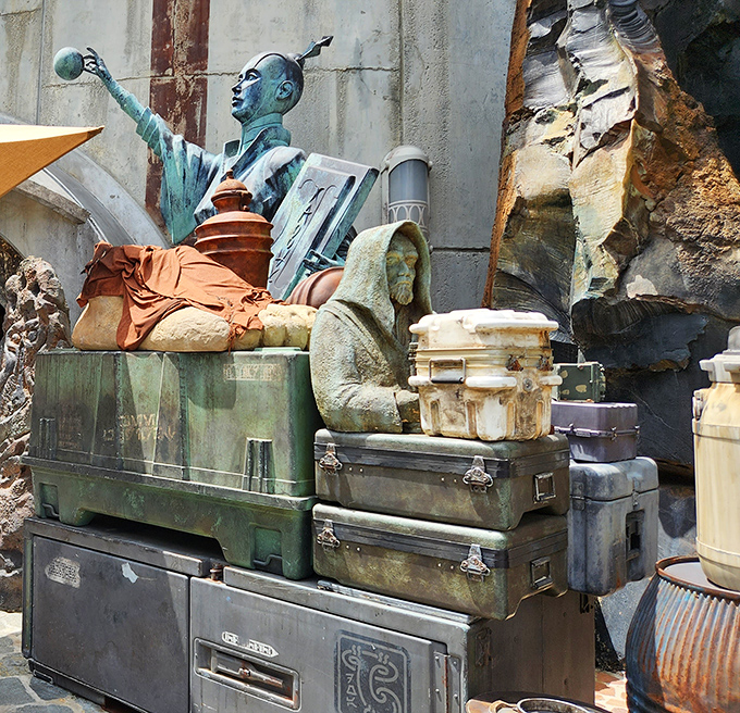 Weathered cargo and mysterious containers outside hint at recent shipments of rare antiquities from the far reaches of space.