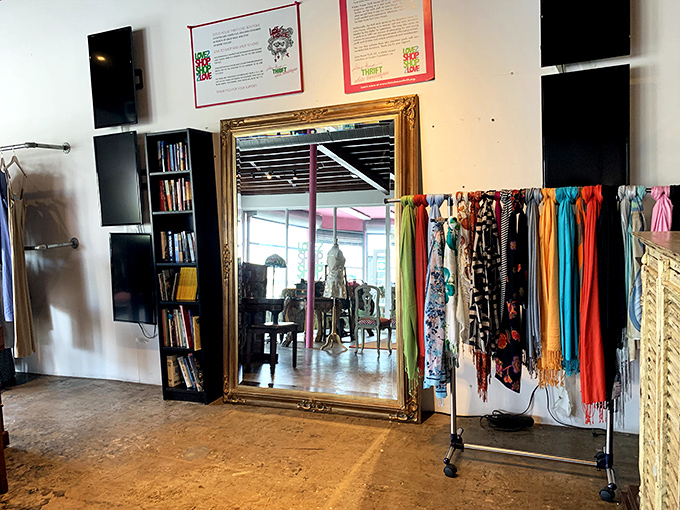 Colorful scarves dance alongside vintage books and an ornate gold-framed mirror &ndash; the trifecta of thrift store treasures that transform both outfits and living spaces.