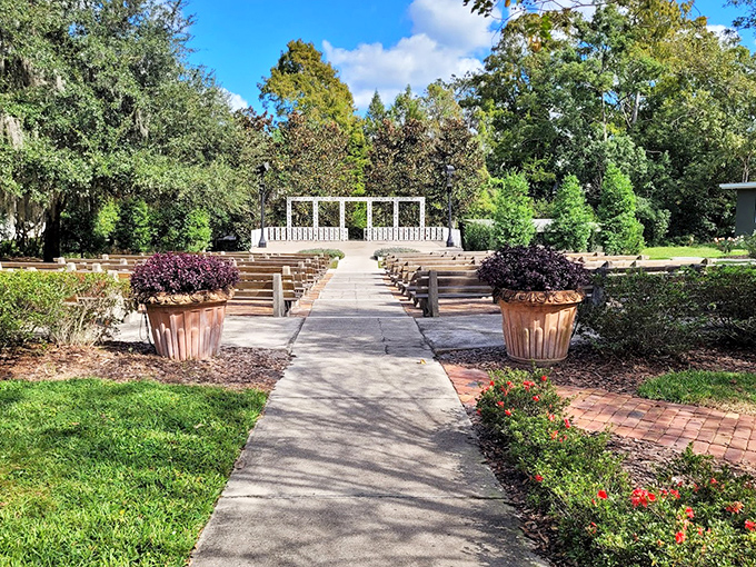 An elegant outdoor wedding venue awaits its next celebration, with nature providing the most extravagant decorations.