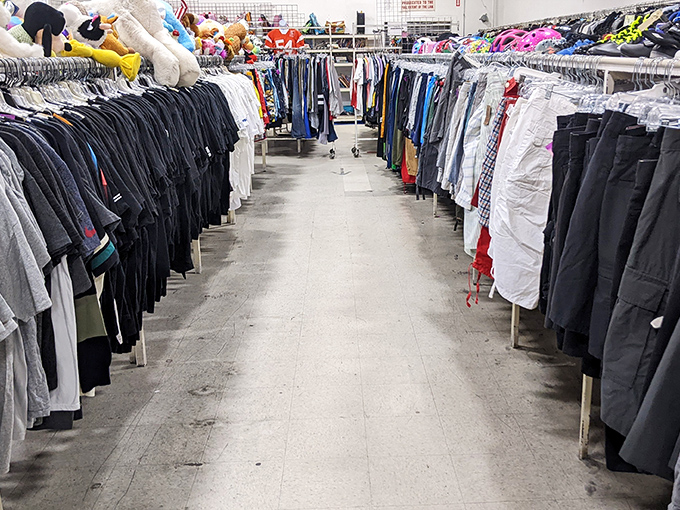 Men's clothing creates a disciplined rainbow of options, from casual tees to formal button-downs, all arranged for easy browsing by color and size.