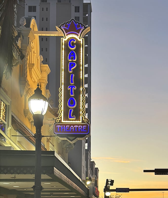 The vertical Capitol sign stands as a landmark in downtown Clearwater, illuminating the night with its electric blue glow.