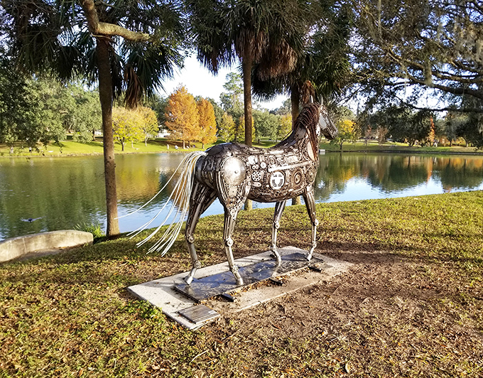 This metallic horse seems frozen mid-gallop, its intricate design capturing the essence of movement while standing perfectly still.